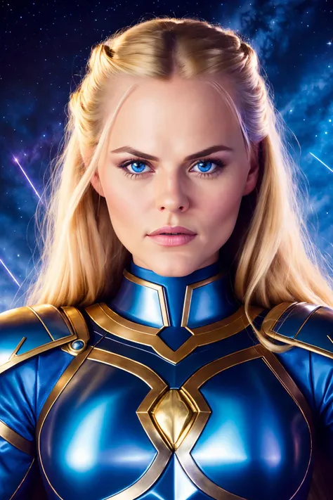 A woman in a blue suit with a gold cape and blue eyes - SeaArt AI