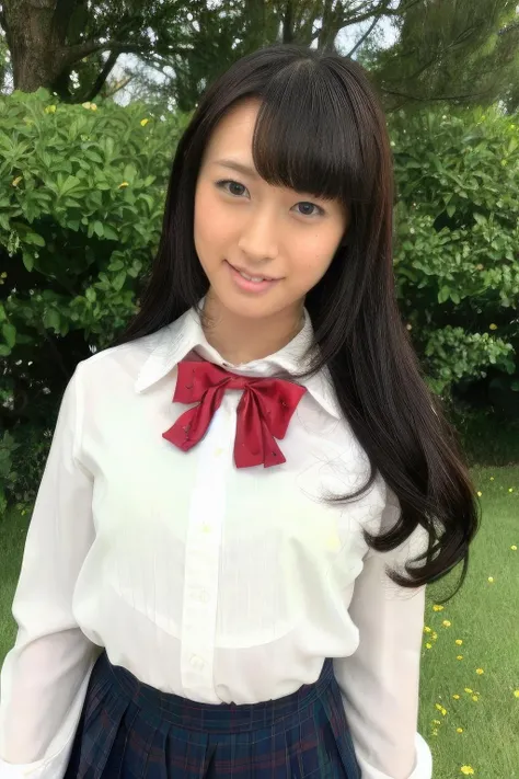 A close up of a woman wearing a white shirt and a red bow tie - SeaArt AI