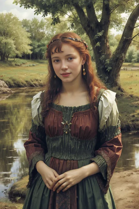 A close up of a woman in a dress standing near a river - SeaArt AI