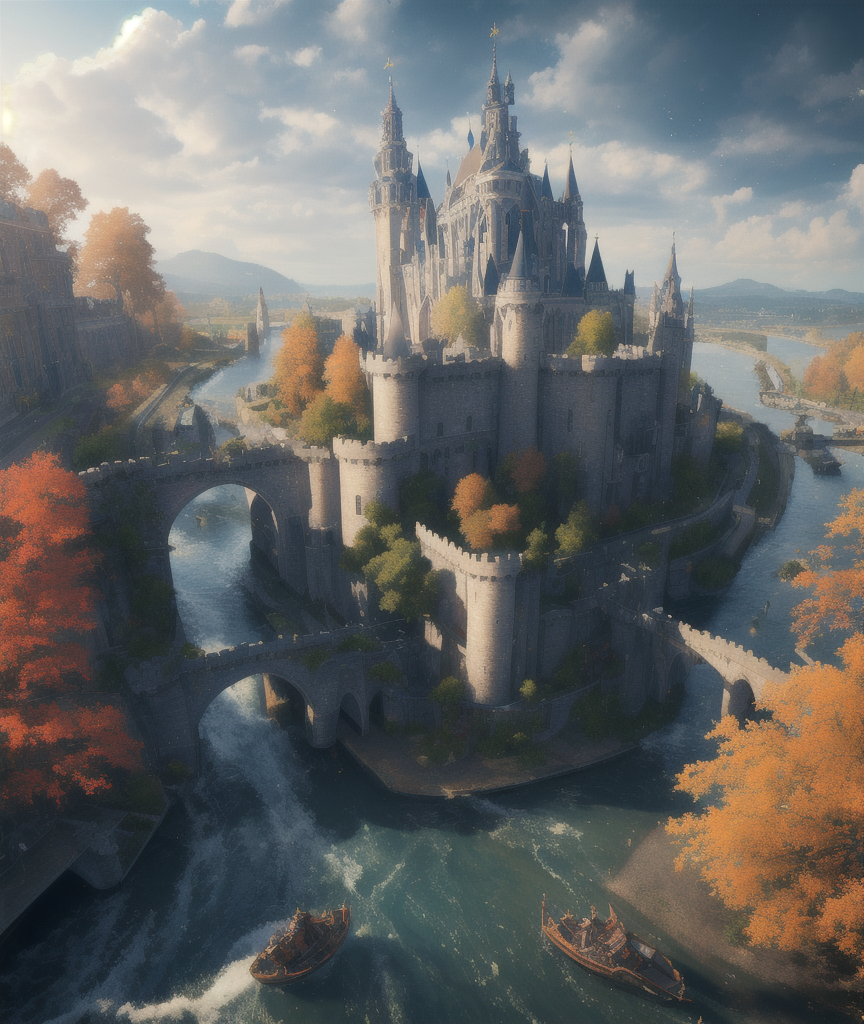 A castle surrounded by trees and water with a river in the foreground ...