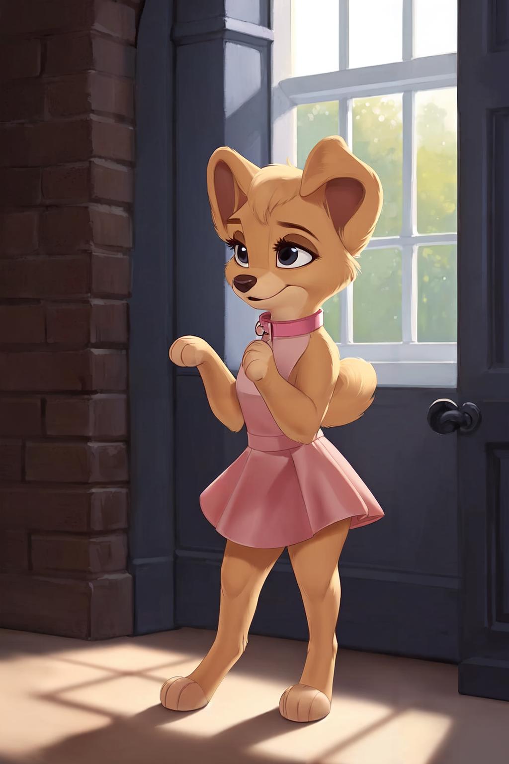 A cartoon cat in a pink dress standing in front of a window - SeaArt AI