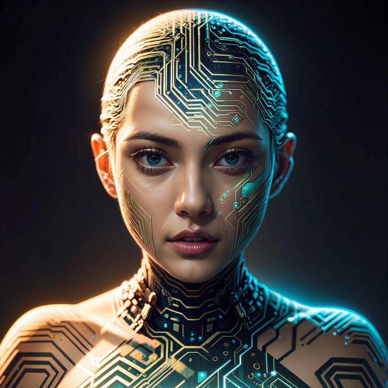 A woman with a futuristic body and headpiece in a futuristic setting ...