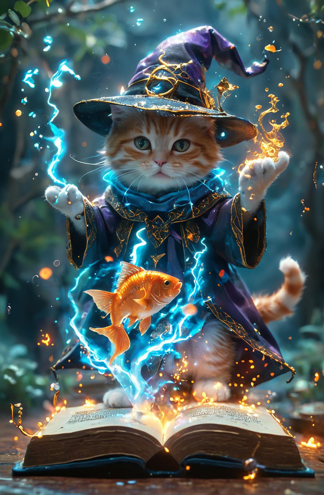 A cat dressed as a wizard with a book and a fish - SeaArt AI