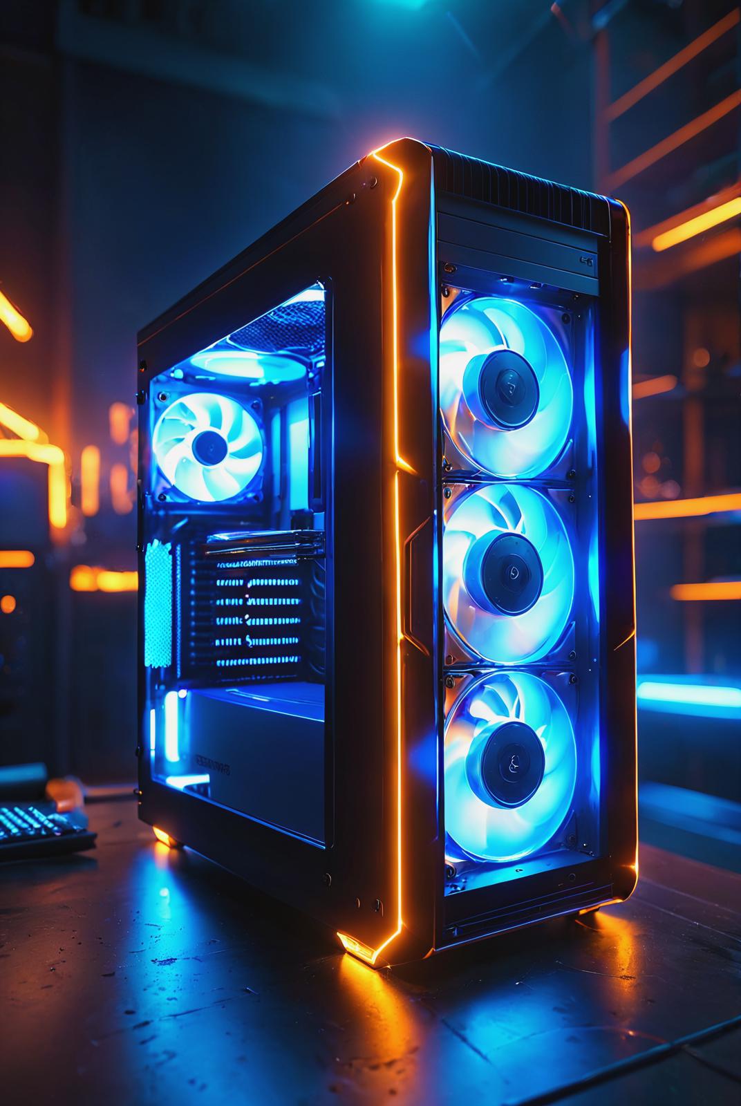 A close up of a computer case with blue lights on it - SeaArt AI