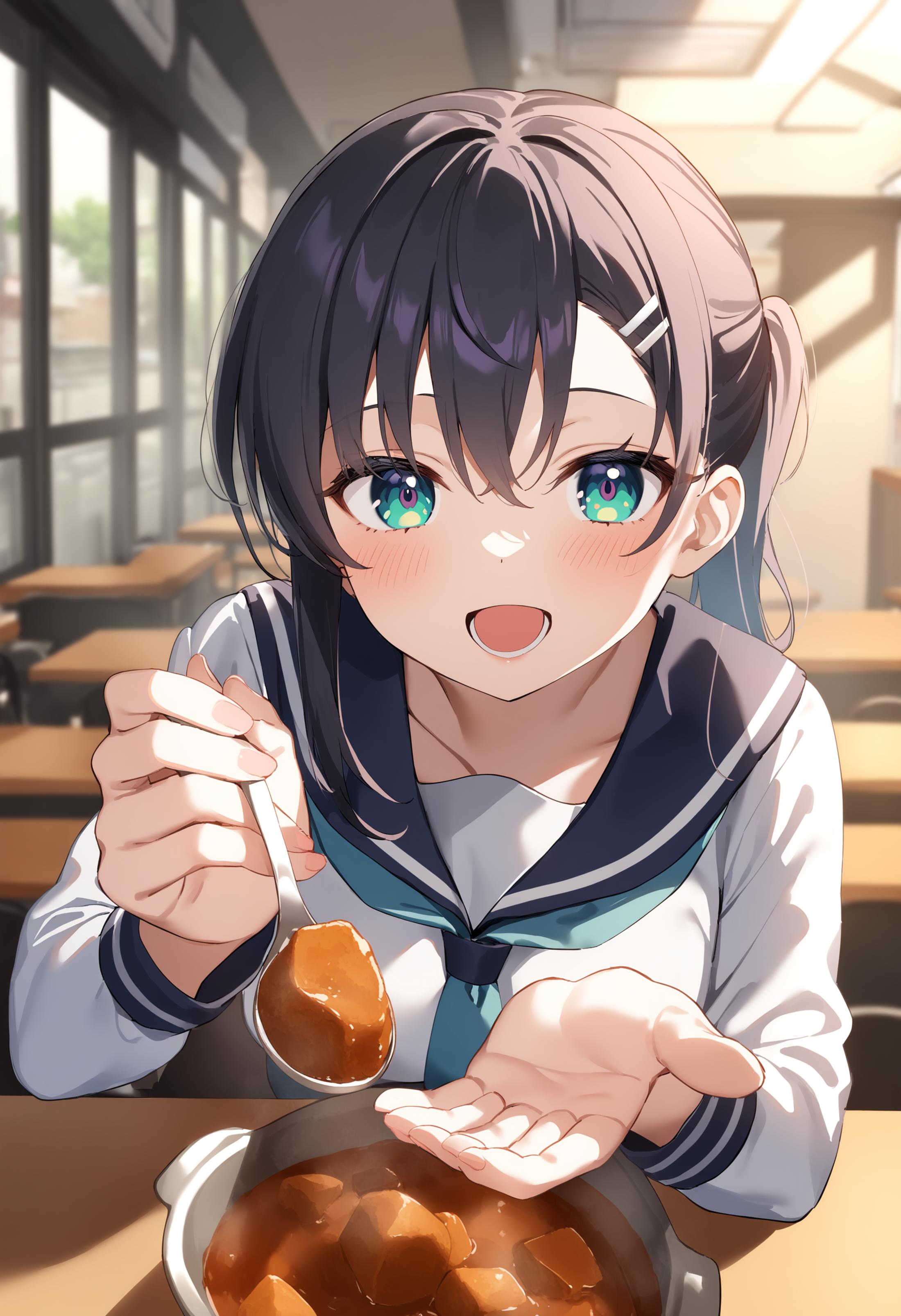 Anime girl eating a bowl of food with a spoon in her hand - SeaArt AI