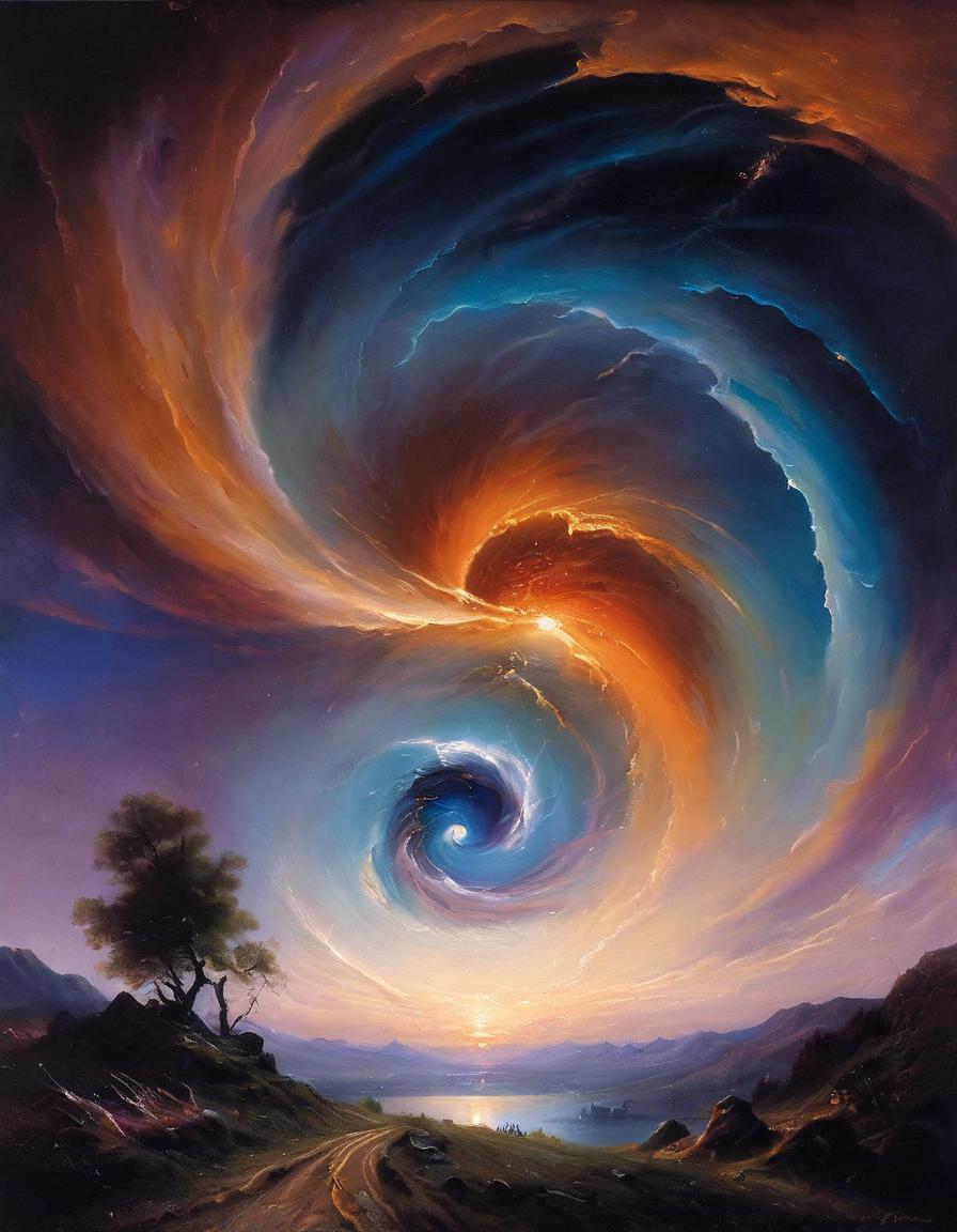 A painting of a spiral shaped vortex with a tree in the foreground ...