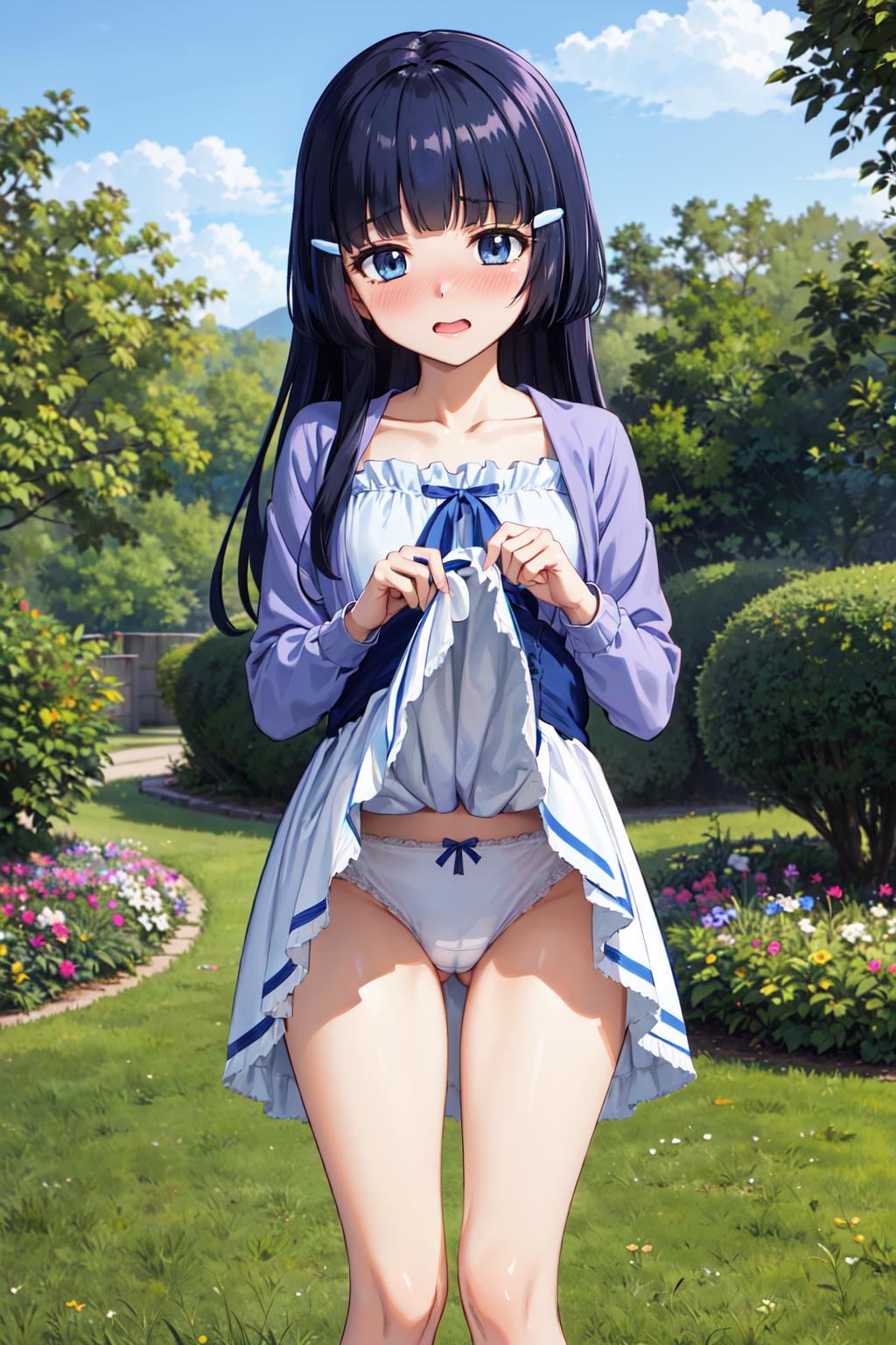 Anime Girl In A Short Skirt And A Purple Shirt Standing In A Garden