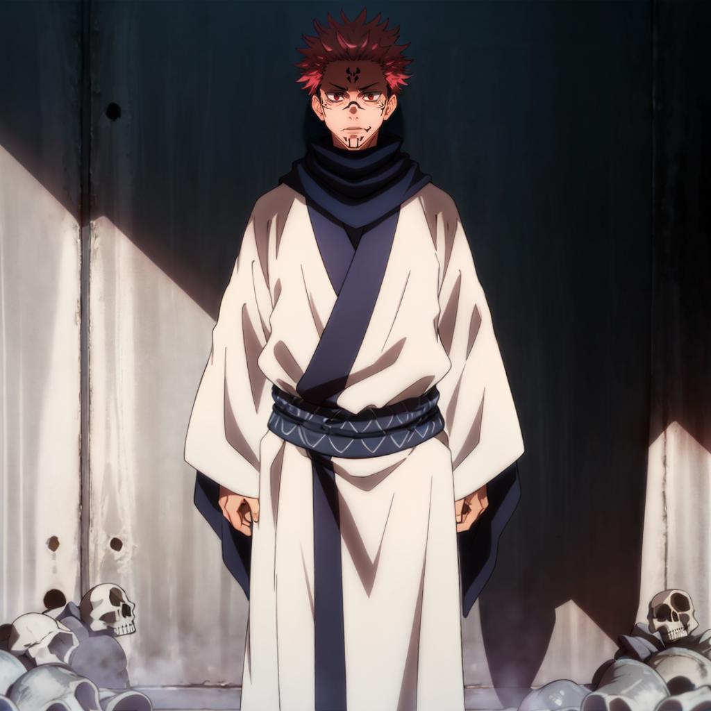 Anime character standing in front of a wall with skulls（ryoumen sukuna ...