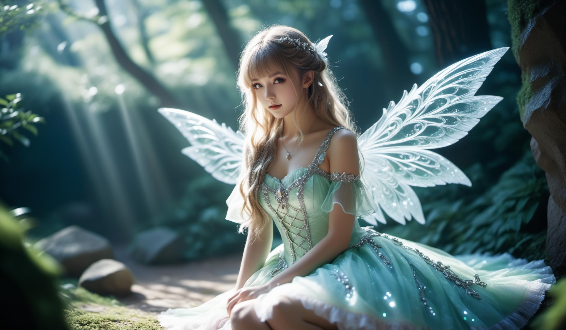 Arafed fairy sitting on a rock in a forest - SeaArt AI