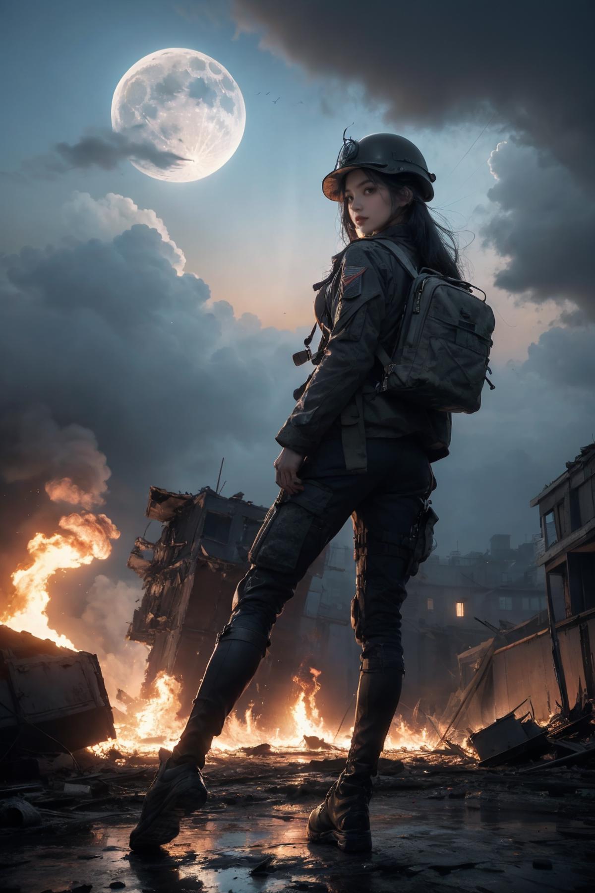 A woman in a military uniform stands in front of a fire - SeaArt AI