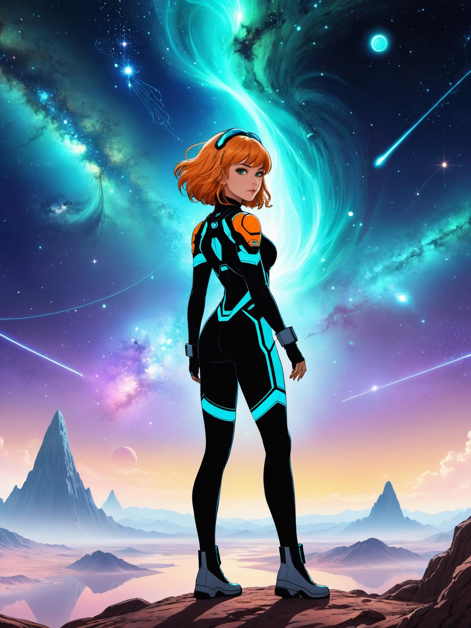 A woman in a black suit standing on a rock with a blue and green galaxy ...
