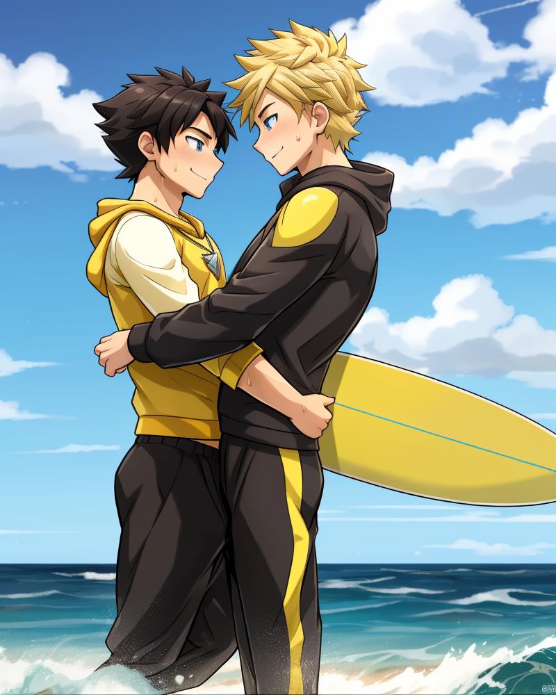 Two anime characters hugging on the beach with a surfboard - SeaArt AI