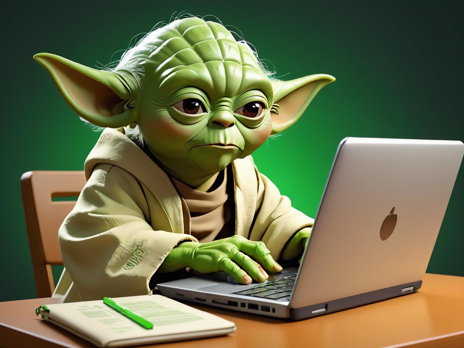 Yoda is sitting at a desk with a laptop computer - SeaArt AI
