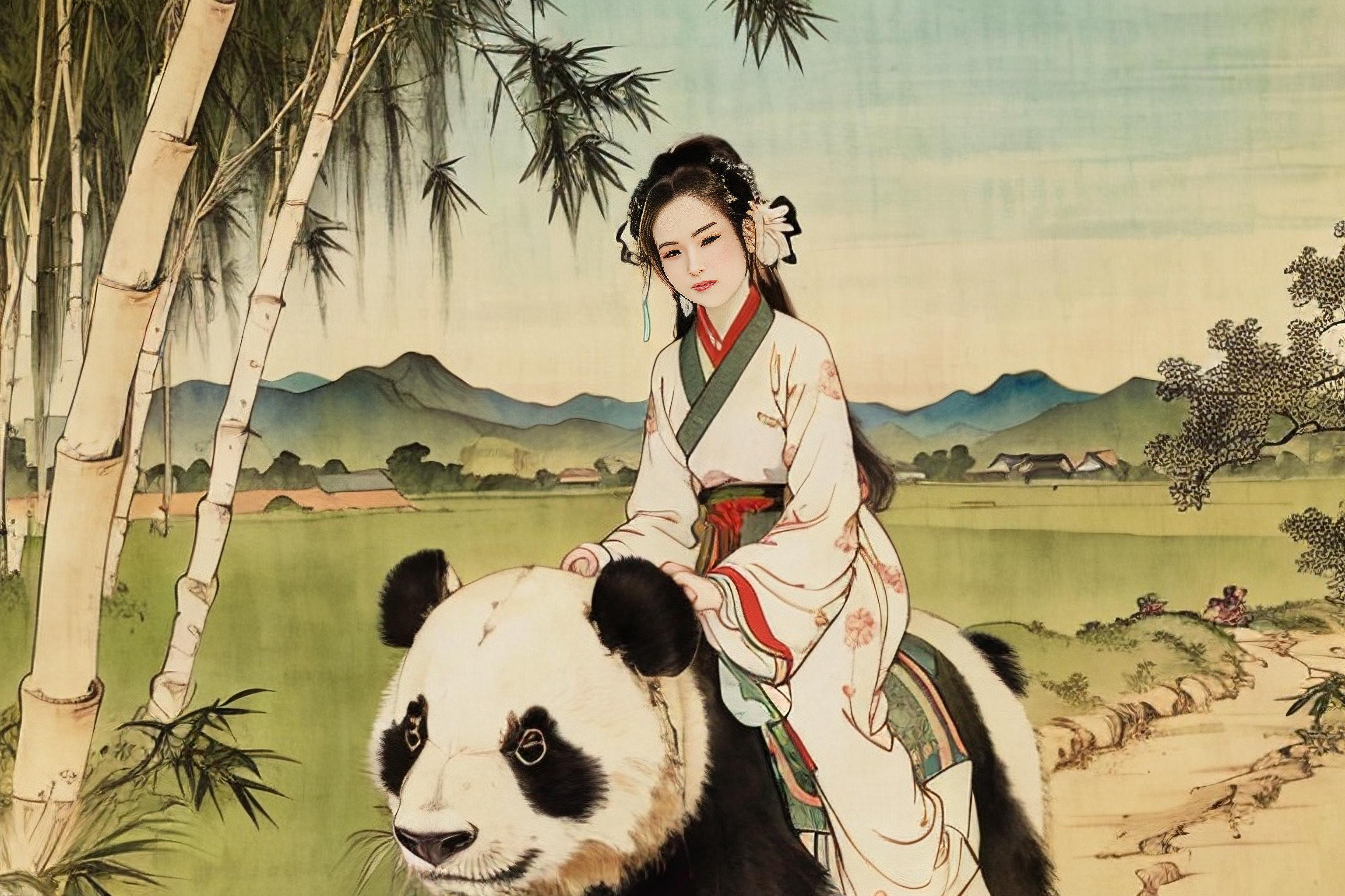 Painting of a woman riding a panda bear in a field - SeaArt AI