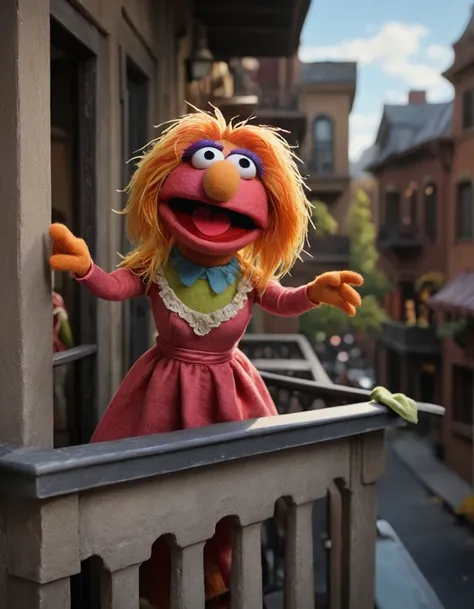 A close up of a puppet on a balcony with a city in the background ...