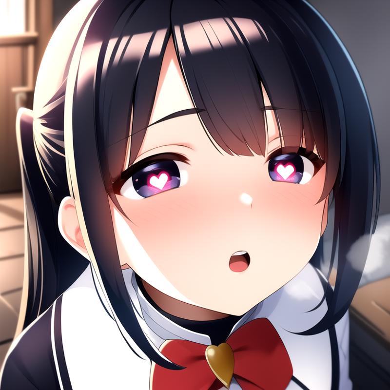 Anime girl with black hair and red bow tie staring at camera - SeaArt AI