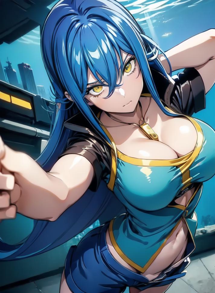 A woman in a blue top and shorts holding a gun - SeaArt AI