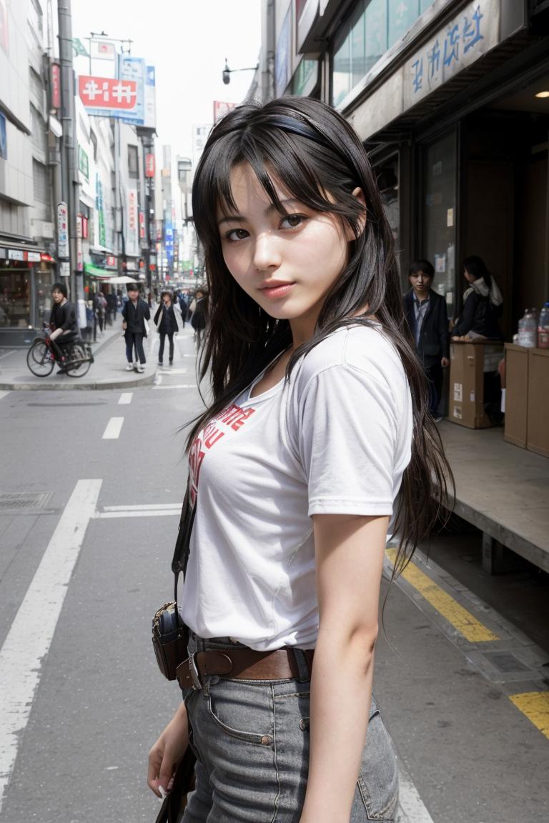 Araffe asian woman in a white shirt and jeans standing on a city street - SeaArt AI