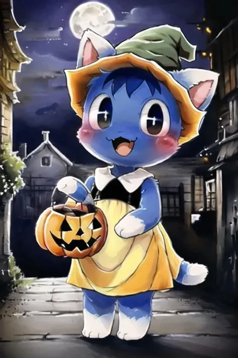 A close up of a cartoon cat holding a pumpkin in a street - SeaArt AI