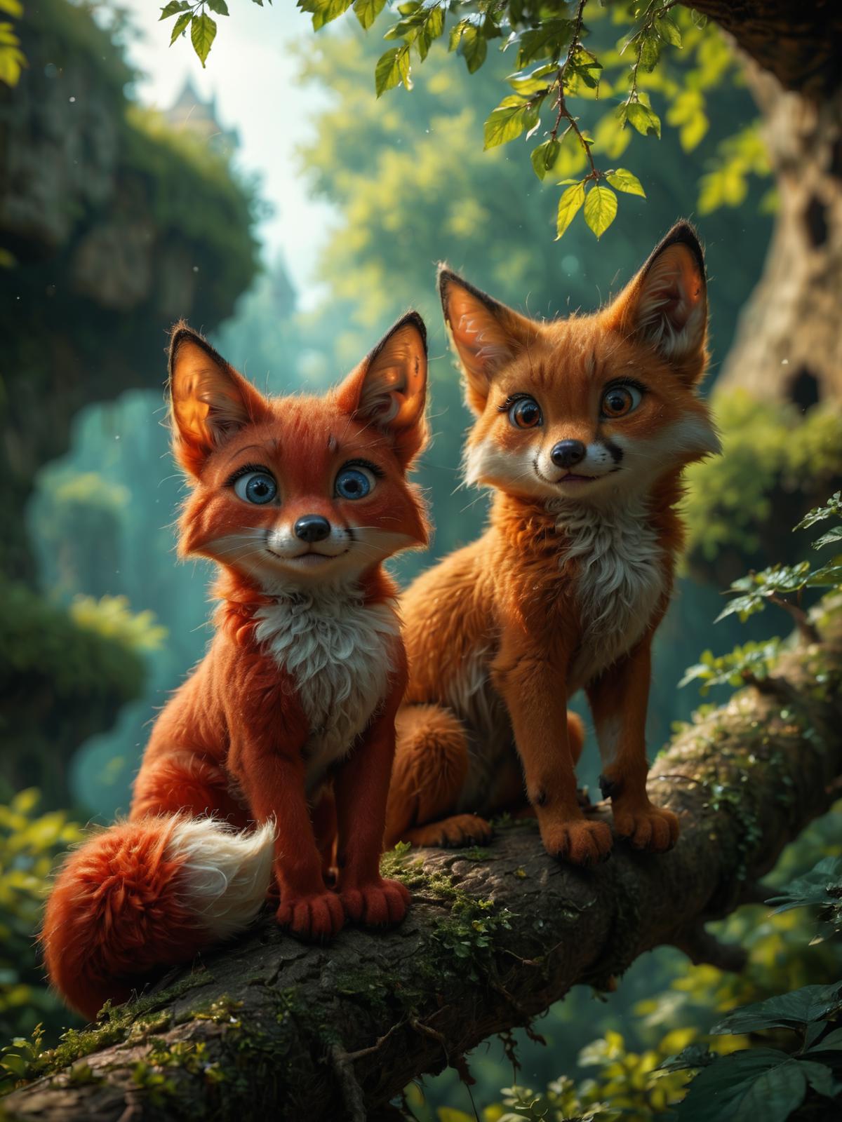 Two foxes sitting on a branch in the woods - SeaArt AI