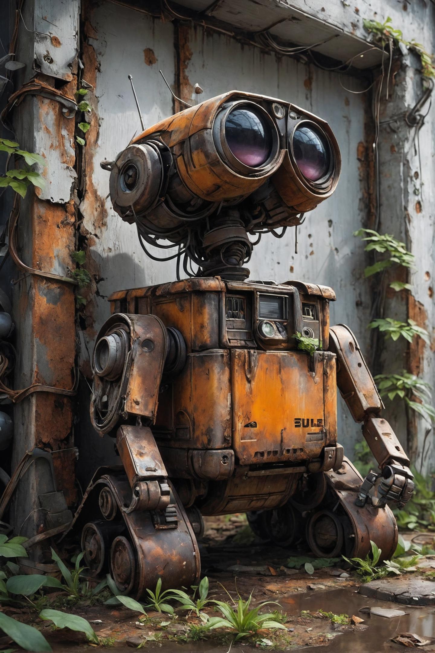 Rusty robot with two large eyes sitting in front of a building - SeaArt AI