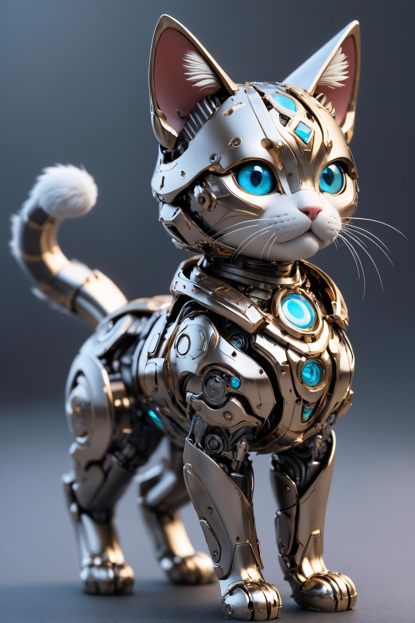 A close up of a cat with blue eyes and a metal body - SeaArt AI