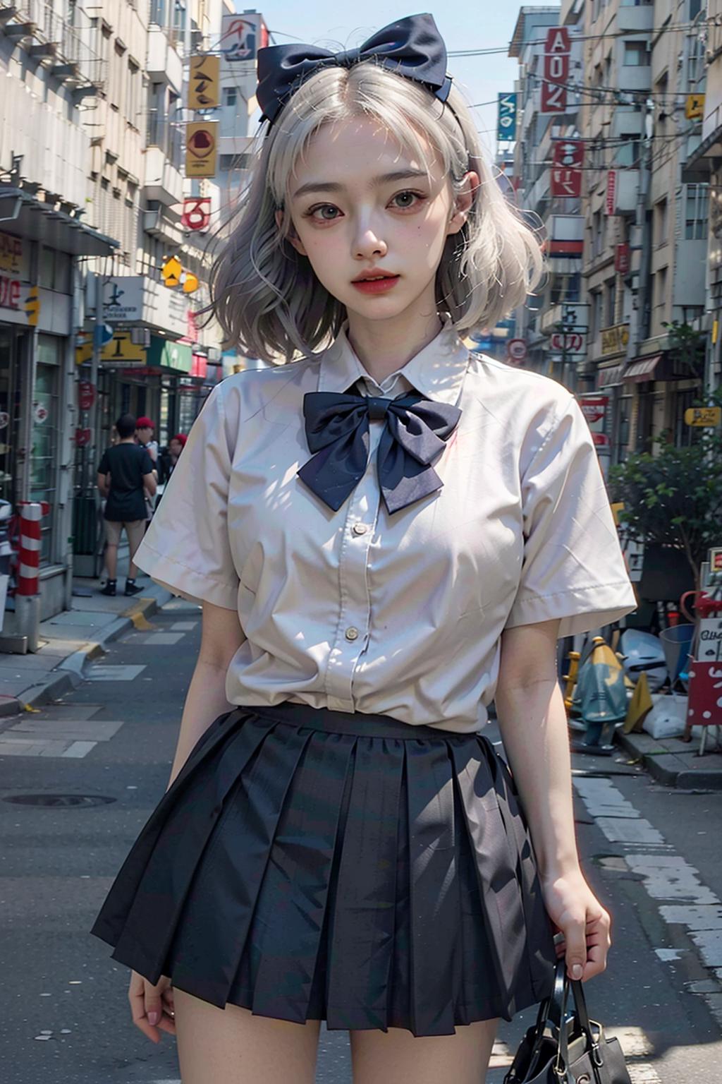 Arafed asian woman in a short skirt and bow tie posing for a picture - SeaArt AI