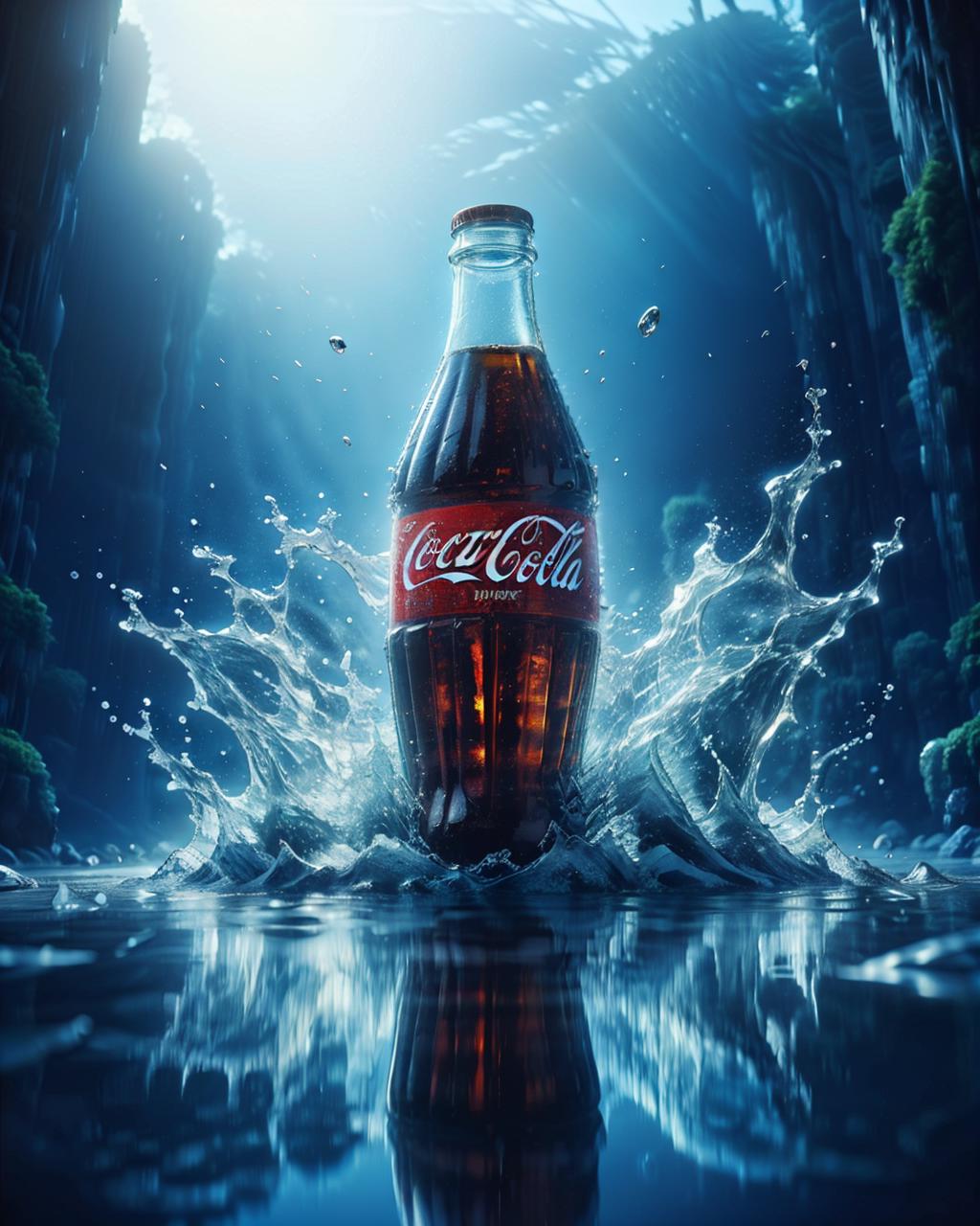 A close up of a bottle of coca cola with water splashing on it - SeaArt AI
