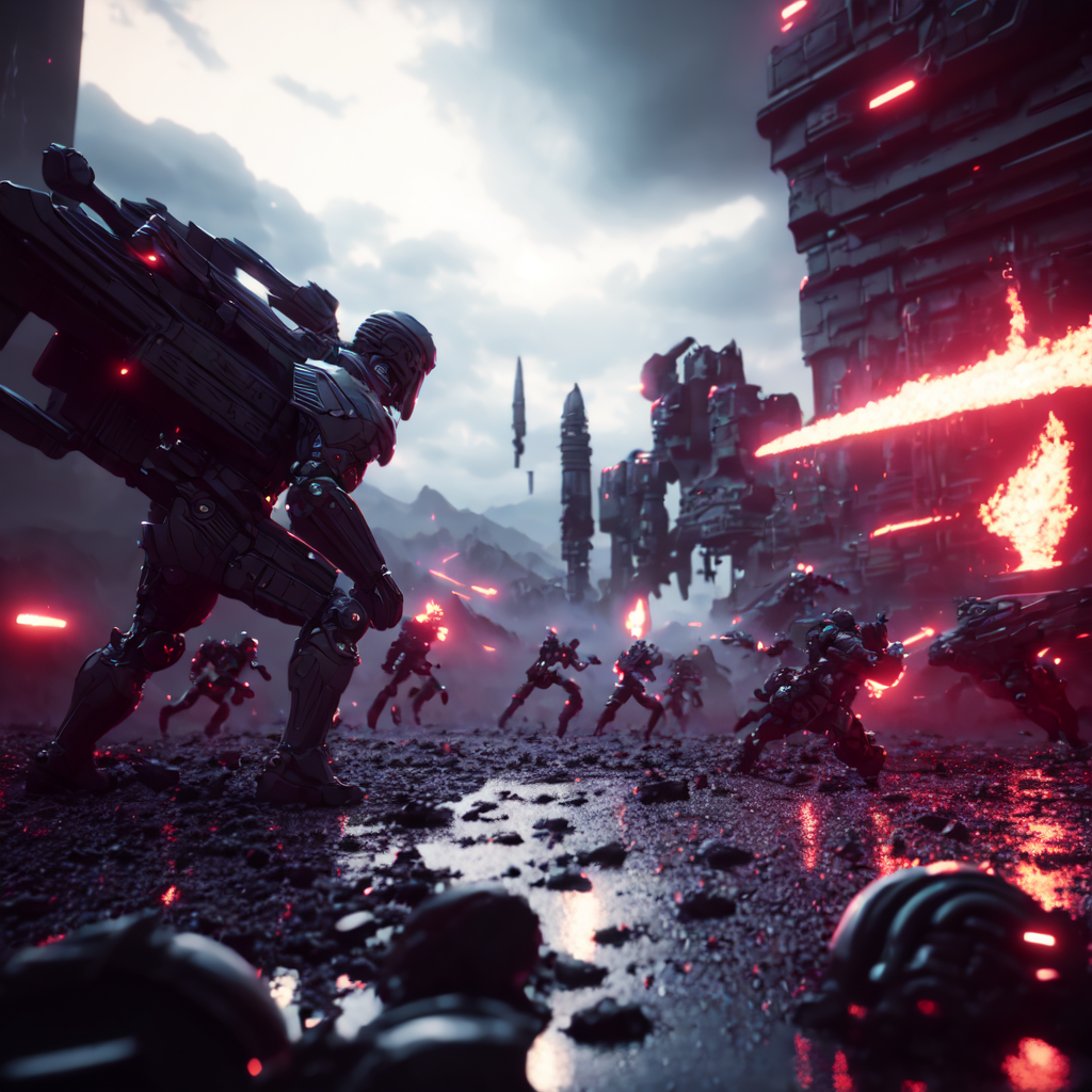 A screenshot of a group of soldiers in a futuristic city - SeaArt AI