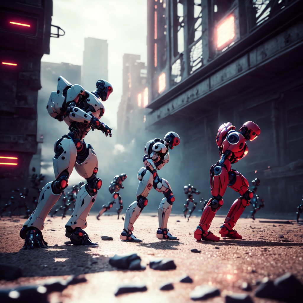 A group of robots in a city with a city in the background - SeaArt AI