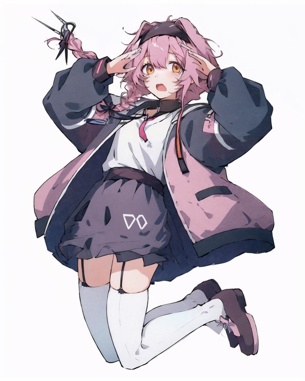 Anime girl with pink hair and a pink jacket holding scissors - SeaArt AI