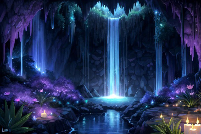 A waterfall in a cave with candles lit up at night - SeaArt AI