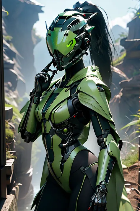 A close up of a woman in a green and black suit - SeaArt AI