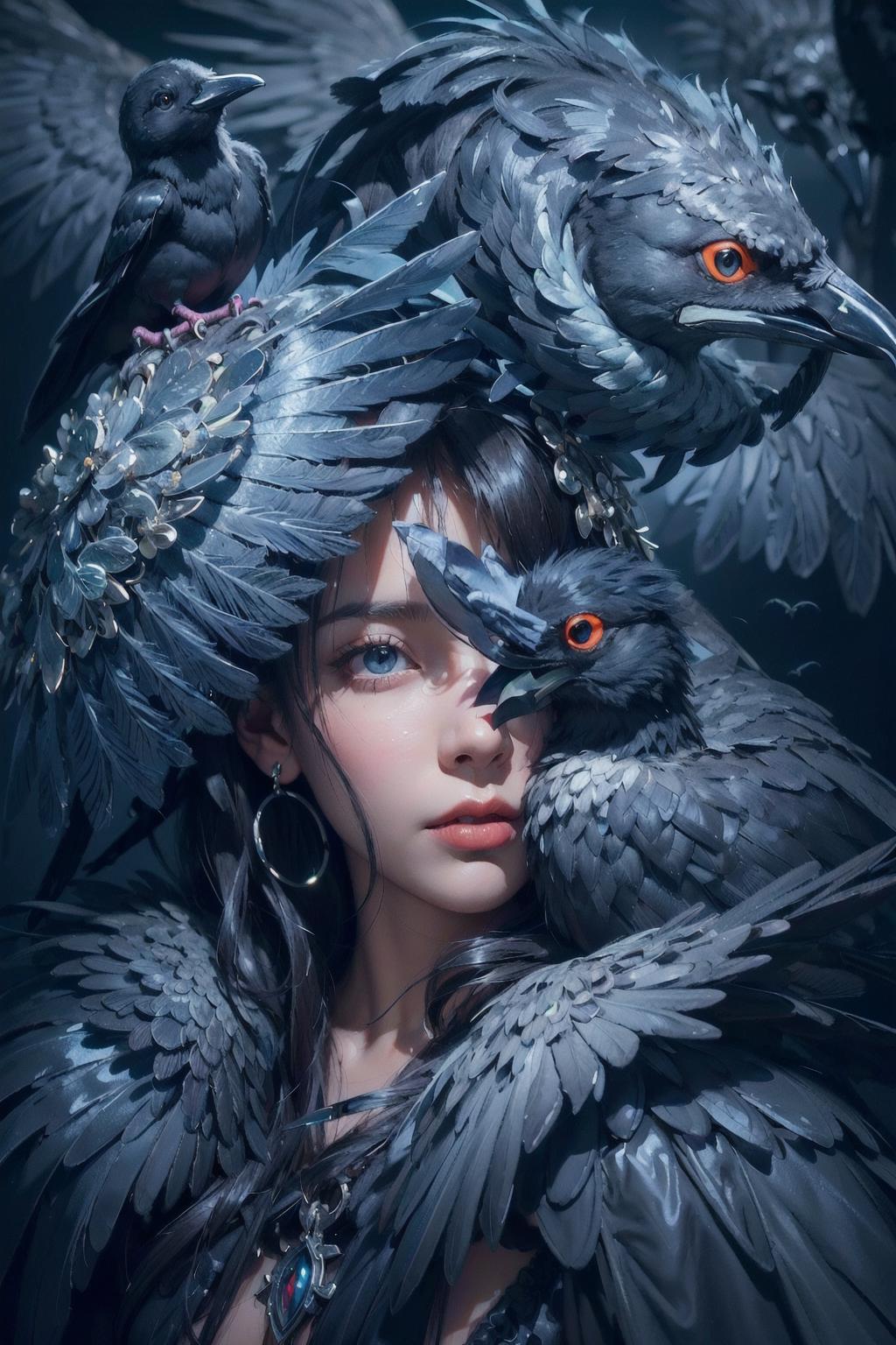 A close up of a woman with a bird headdress and birds on her head ...