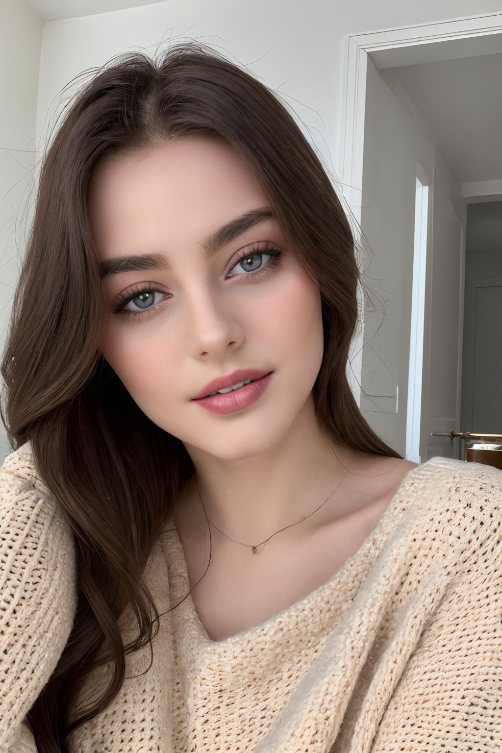 A woman with long brown hair wearing a sweater and a necklace - SeaArt AI