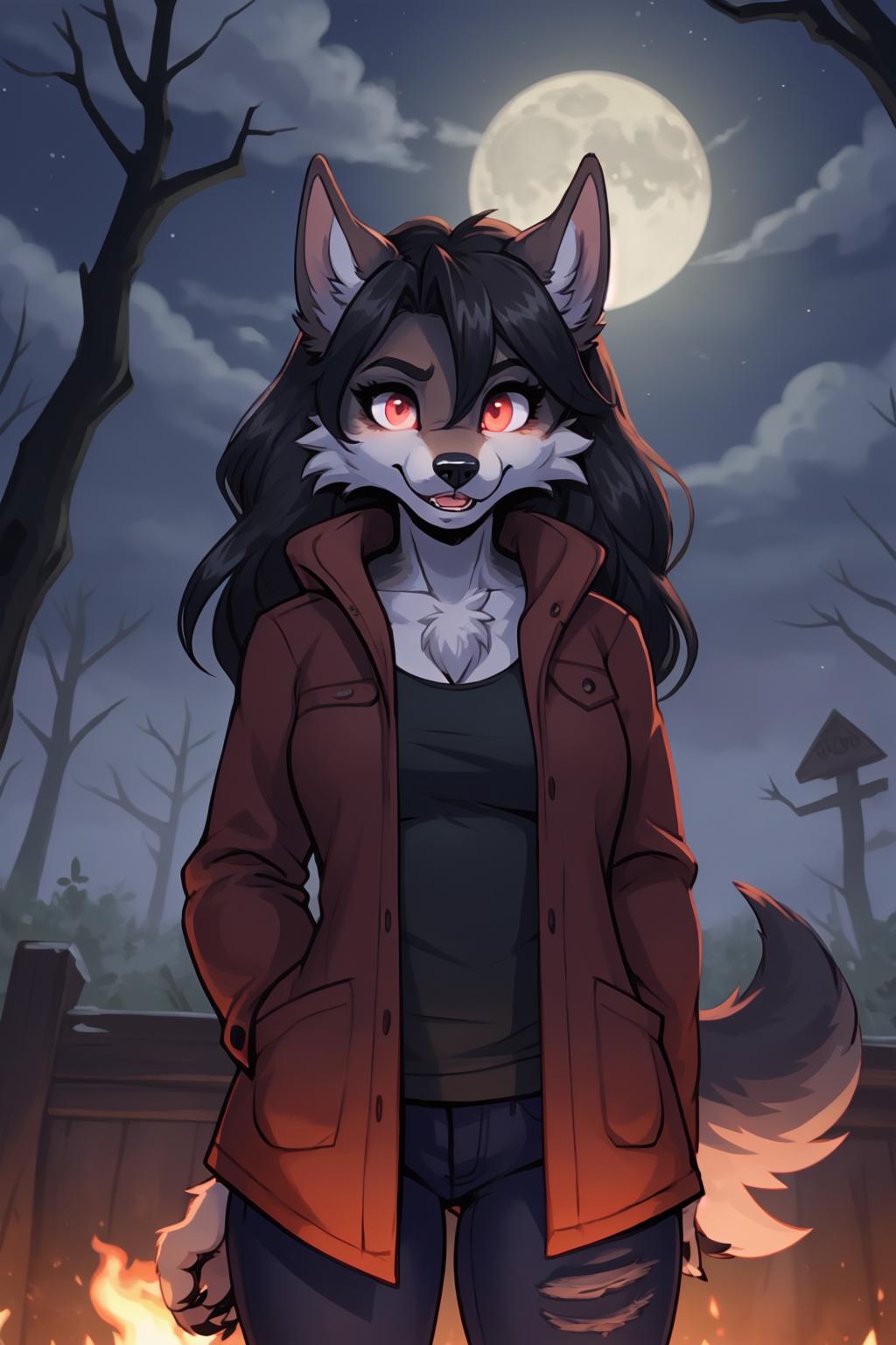 A cartoon wolf girl standing in front of a fire - SeaArt AI