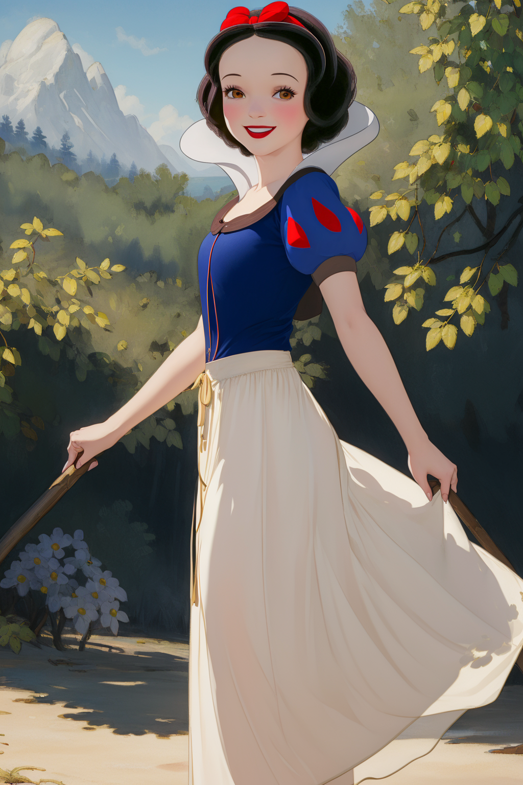 A painting of a woman dressed in snow white holding a stick - SeaArt AI