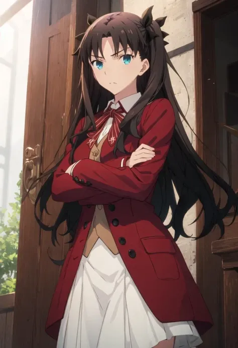 A woman in a red jacket and white skirt standing in front of a door ...