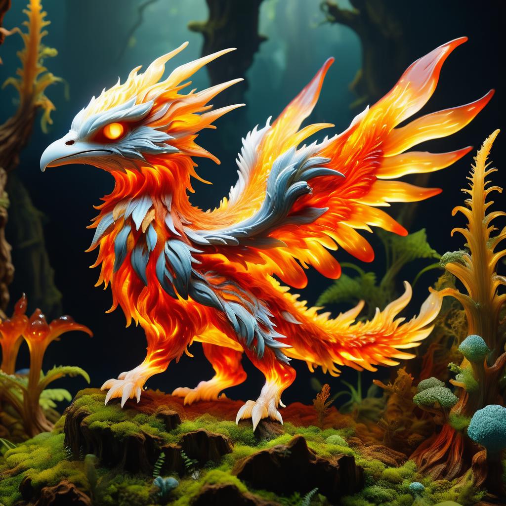 Painting of a fire bird in a forest with moss and plants - SeaArt AI