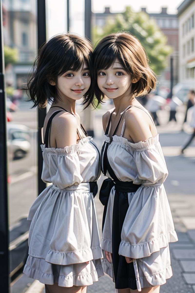 Two asian women standing on a city street with a city street in the background - SeaArt AI
