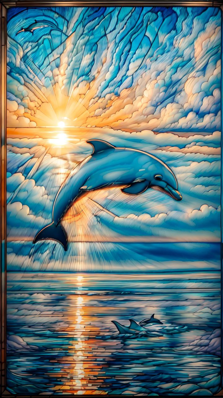 Painting of two dolphins jumping out of the water at sunset - SeaArt AI