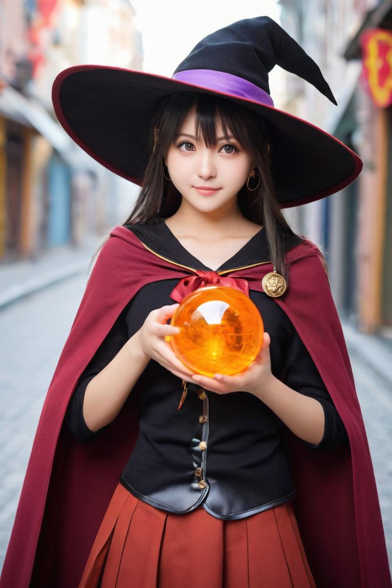 A woman in a witch costume holding a crystal ball - SeaArt AI