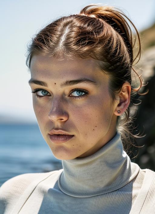 A woman with a turtle neck sweater and earrings on a beach - SeaArt AI