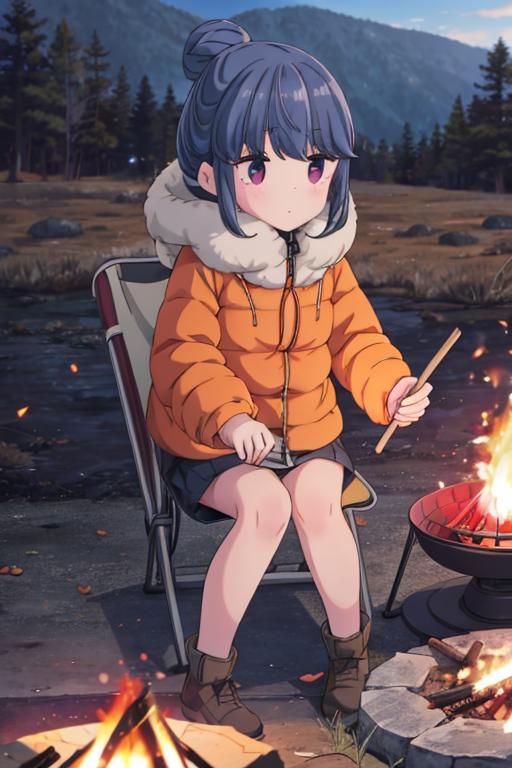 Anime girl sitting in chair with sticks near campfire - SeaArt AI