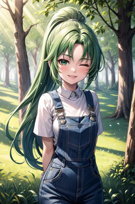 A woman with green hair and overalls standing in a forest - SeaArt AI