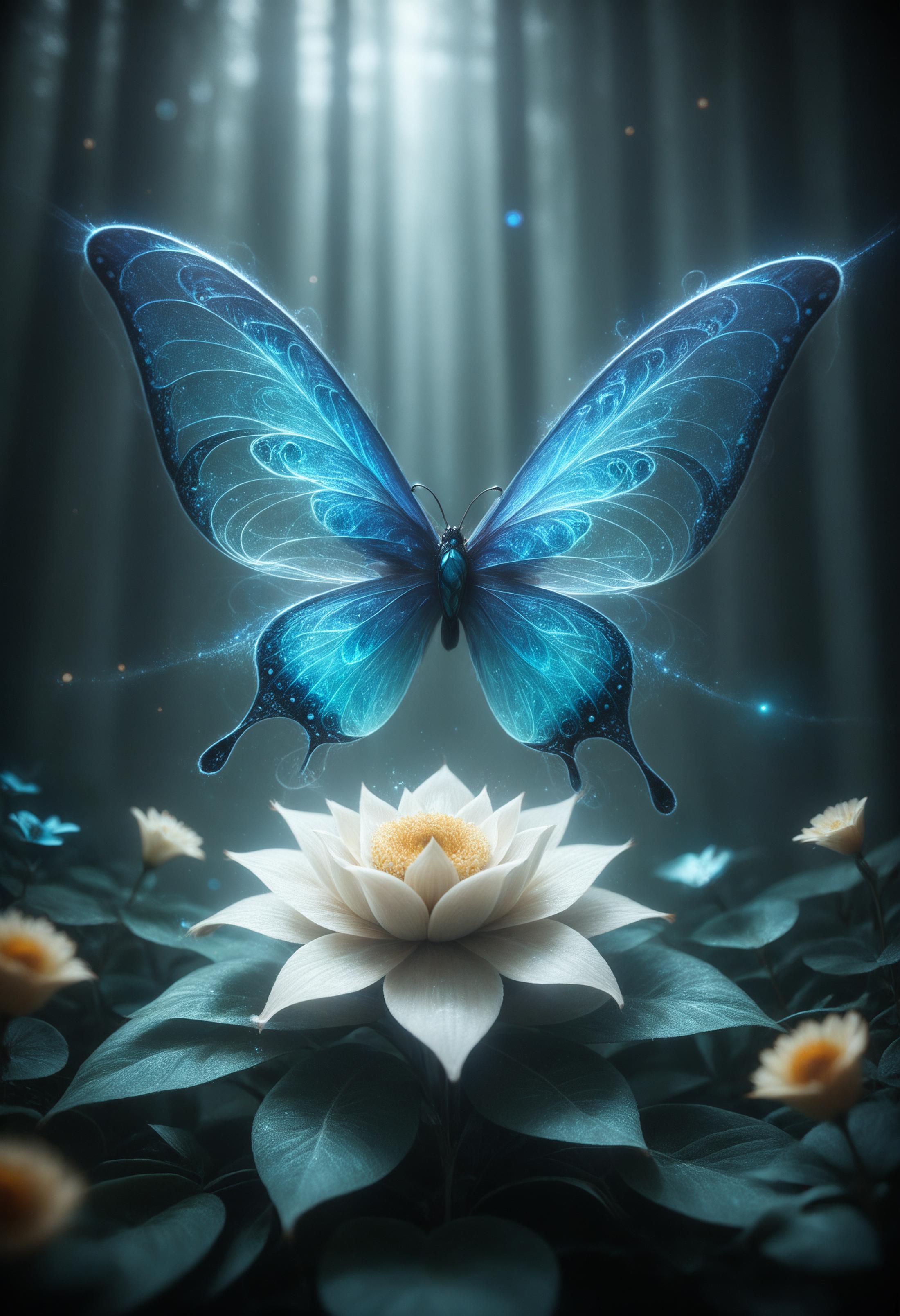 A butterfly flying over a flower with a light shining through it ...