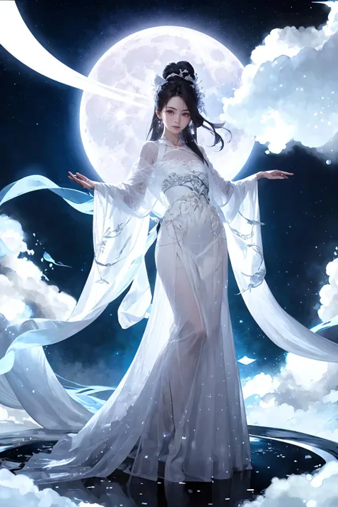 A woman in a white dress standing in the clouds with a moon in the ...