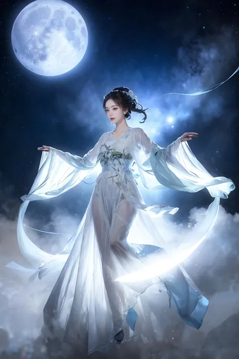 A woman in a white dress is flying through the air - SeaArt AI