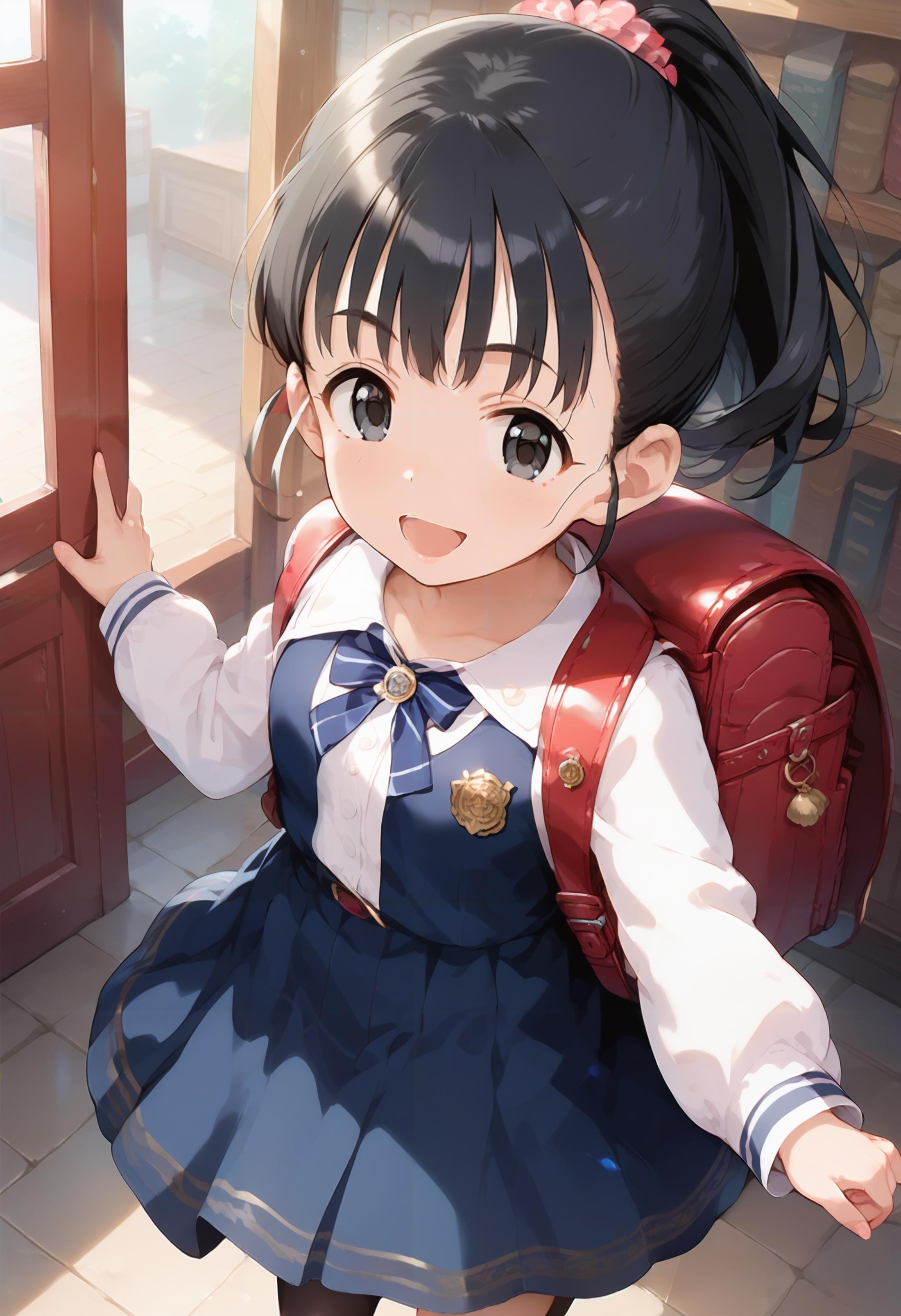 Anime girl with backpack and backpack standing in front of a door ...