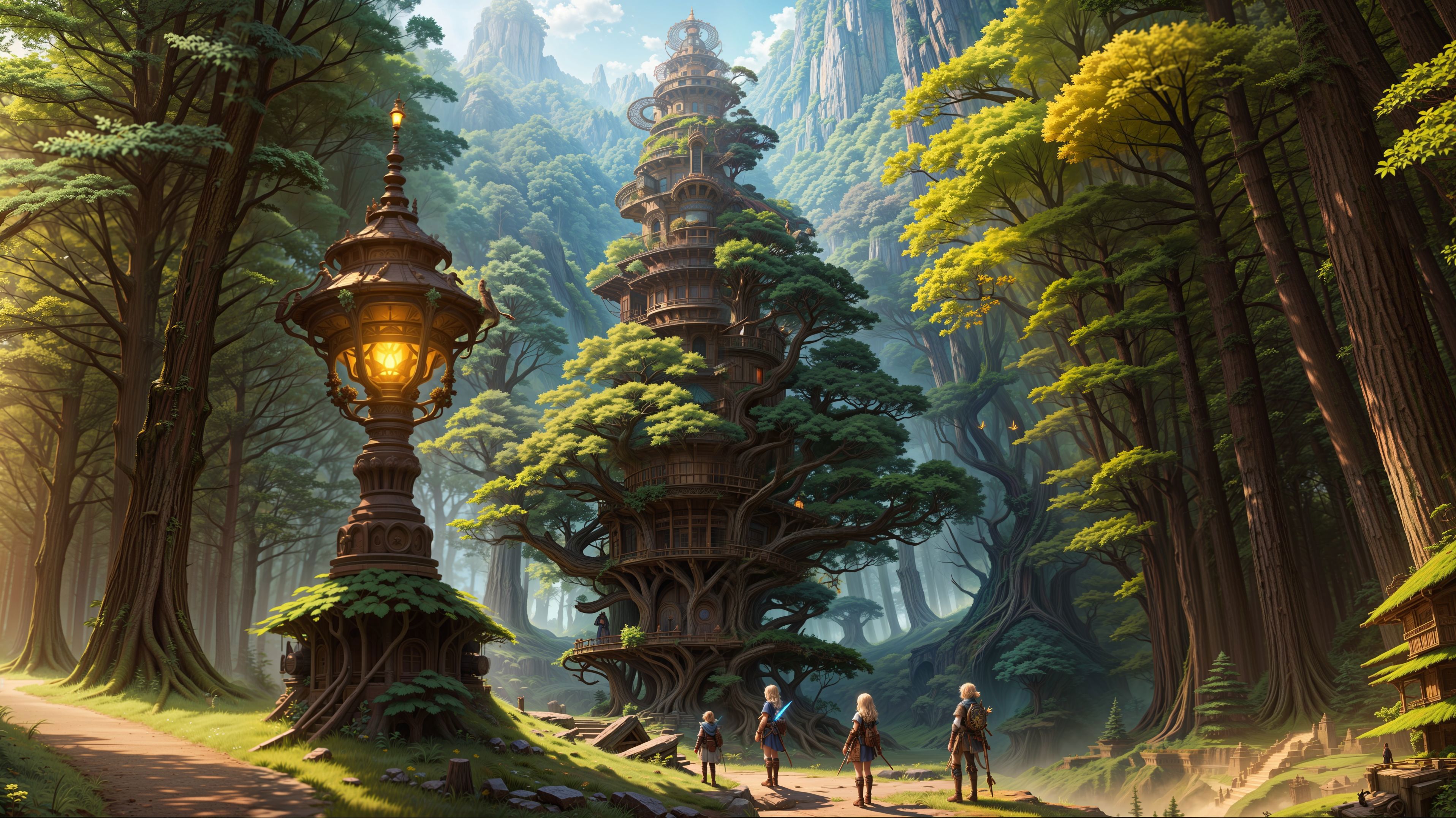 A picture taken from a video game of a forest with a lamp post - SeaArt AI